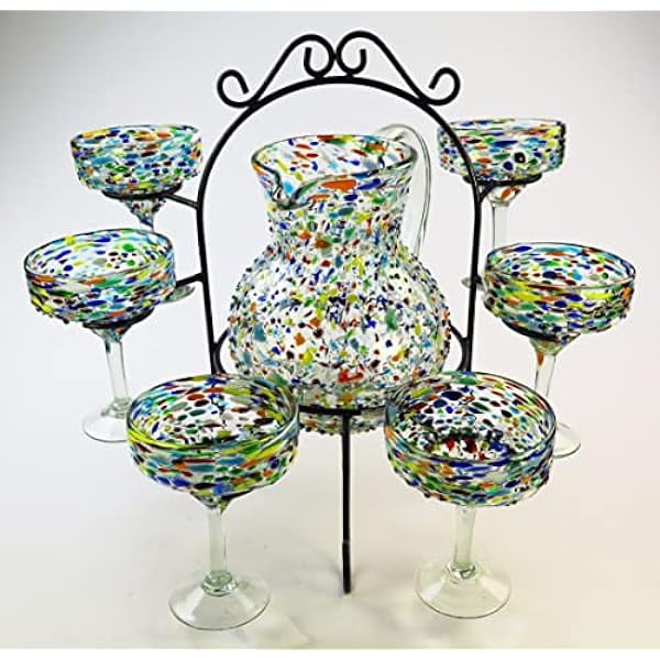 Mexican Margarita Glasses And Pitcher A Traditional Pebble Confetti Design Hand Blown With