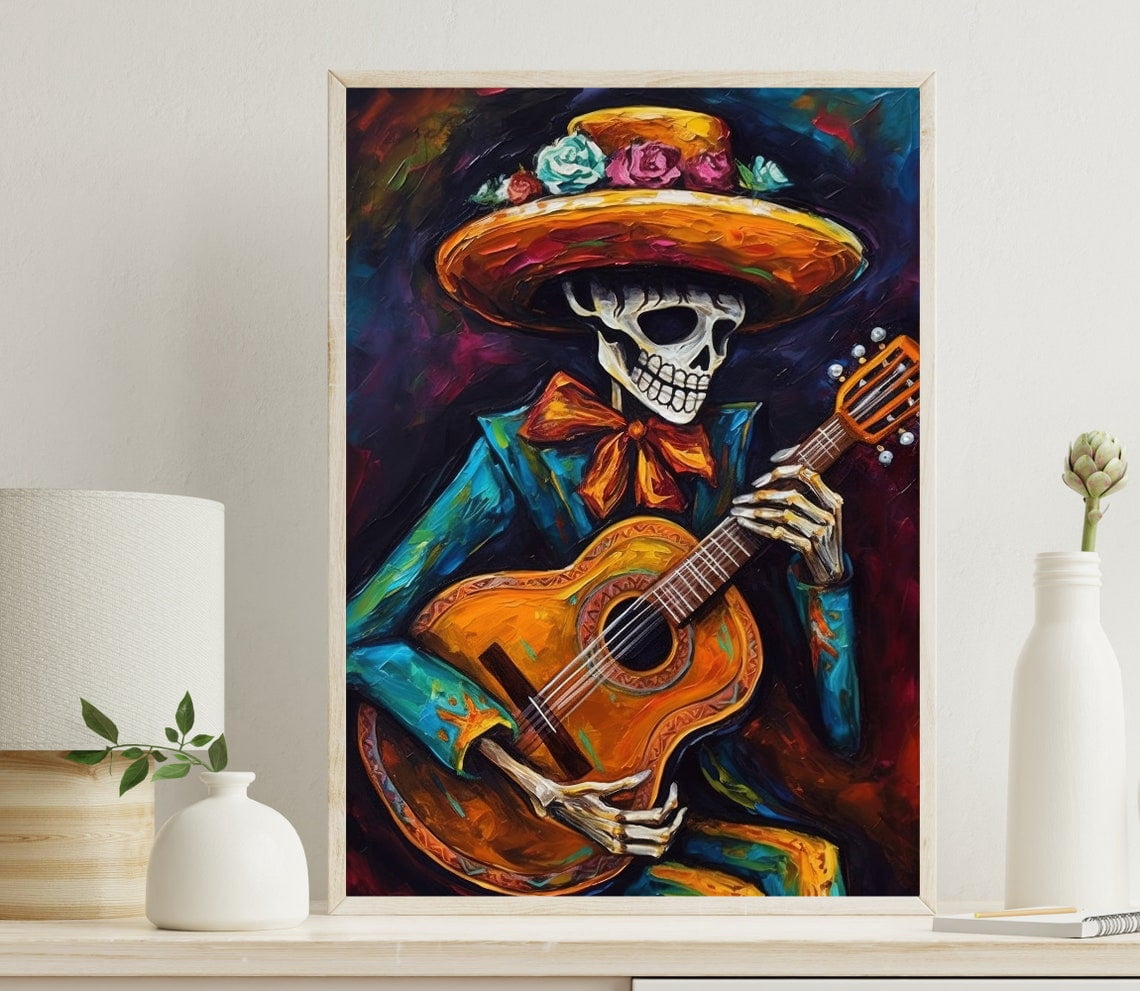 Mexican Mariachi Cowboy Skeleton Guitarist Wall Art Print Latino Art ...
