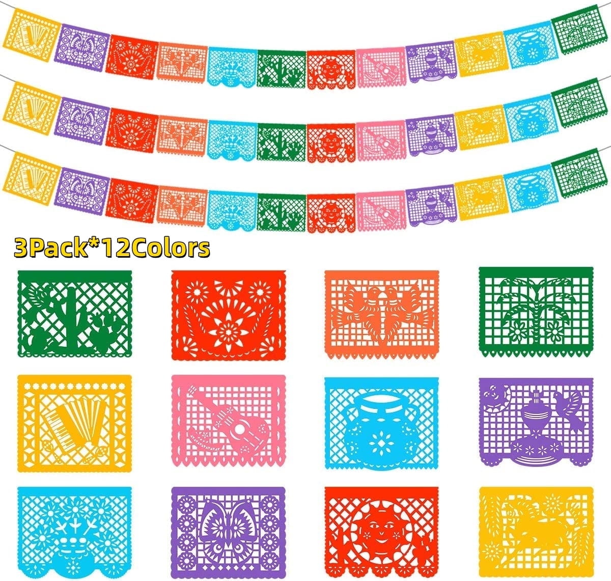 Mexican Party Banners (3 Pack with 12 Unique Plastic Flag Designs per ...