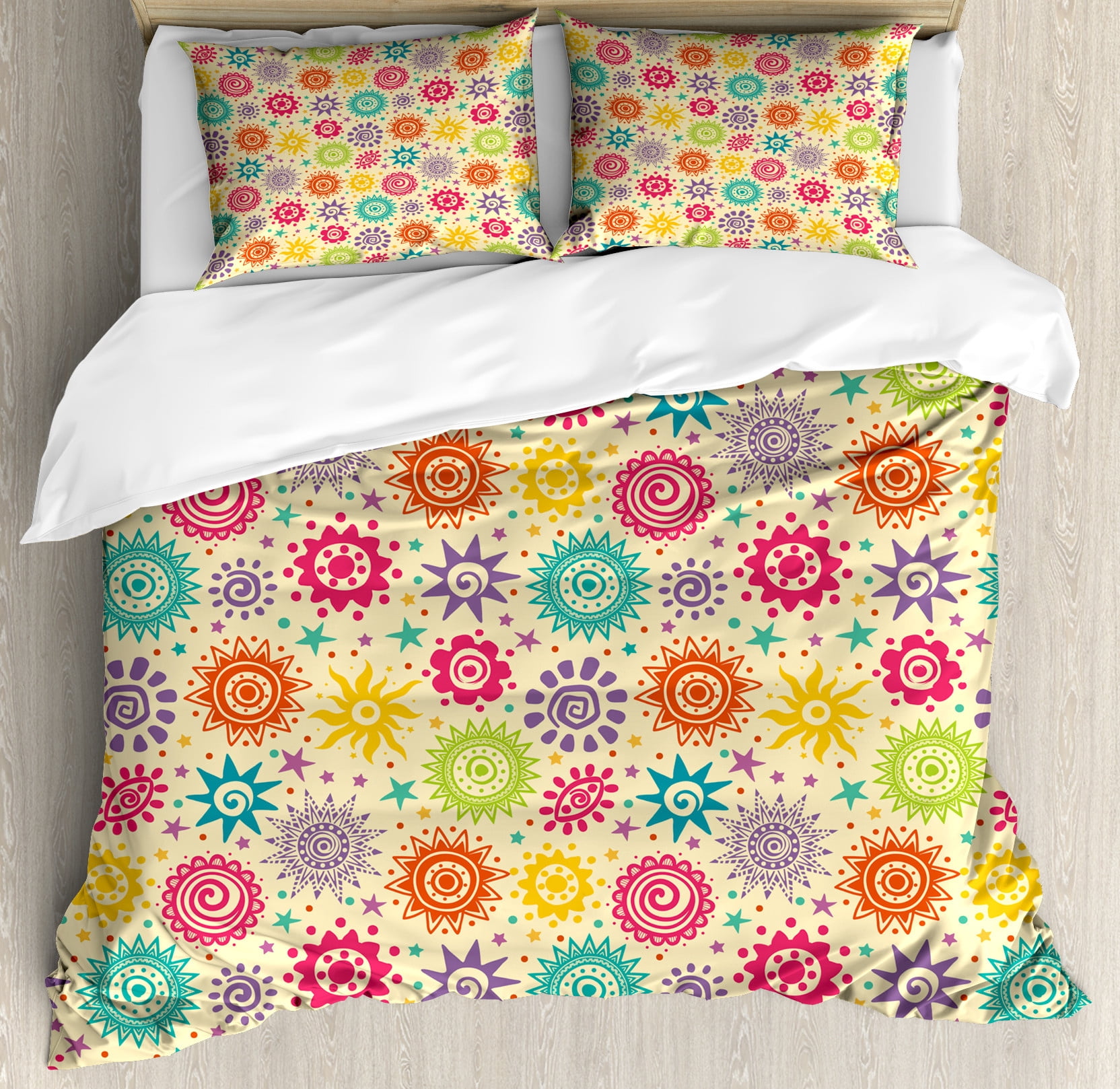 Mexican Print Duvet Cover Set, Doodle Style Sun Illustrations with ...