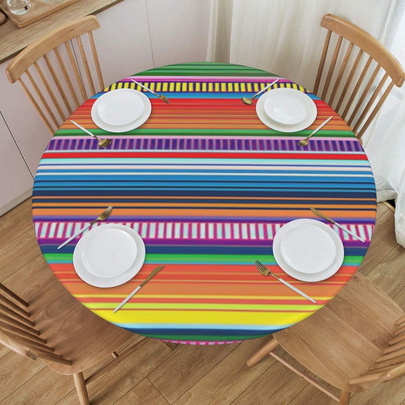 Mexican Serape Color Stripe Round Fitted Tablecloth with Elastic Fitted ...