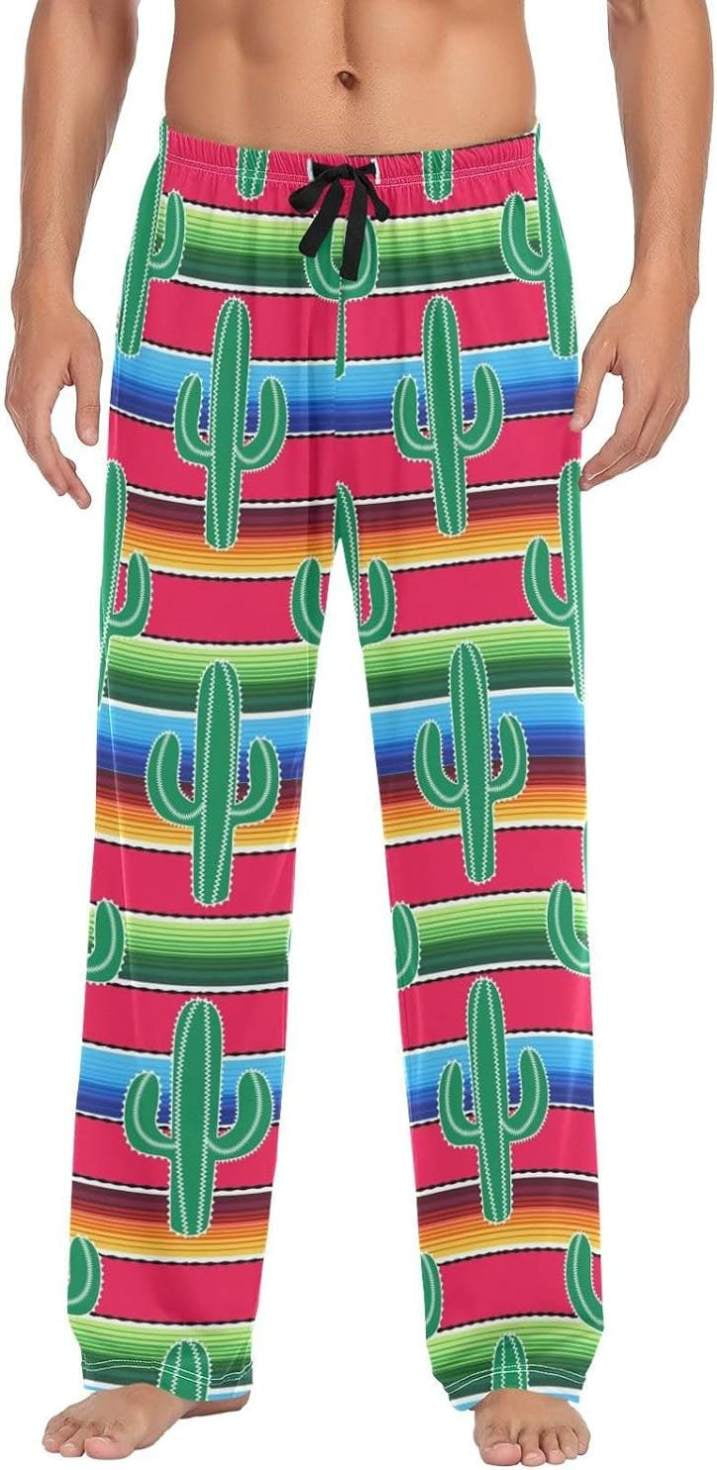 Mexican Serape Stripe Cactus Ghost Pajama Pants, Men's Lounge Pants ...