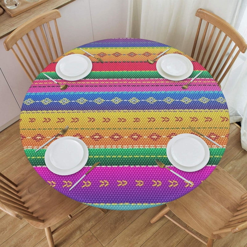 Mexican Serape Stripes Round Fitted Tablecloth with Elastic Fitted ...