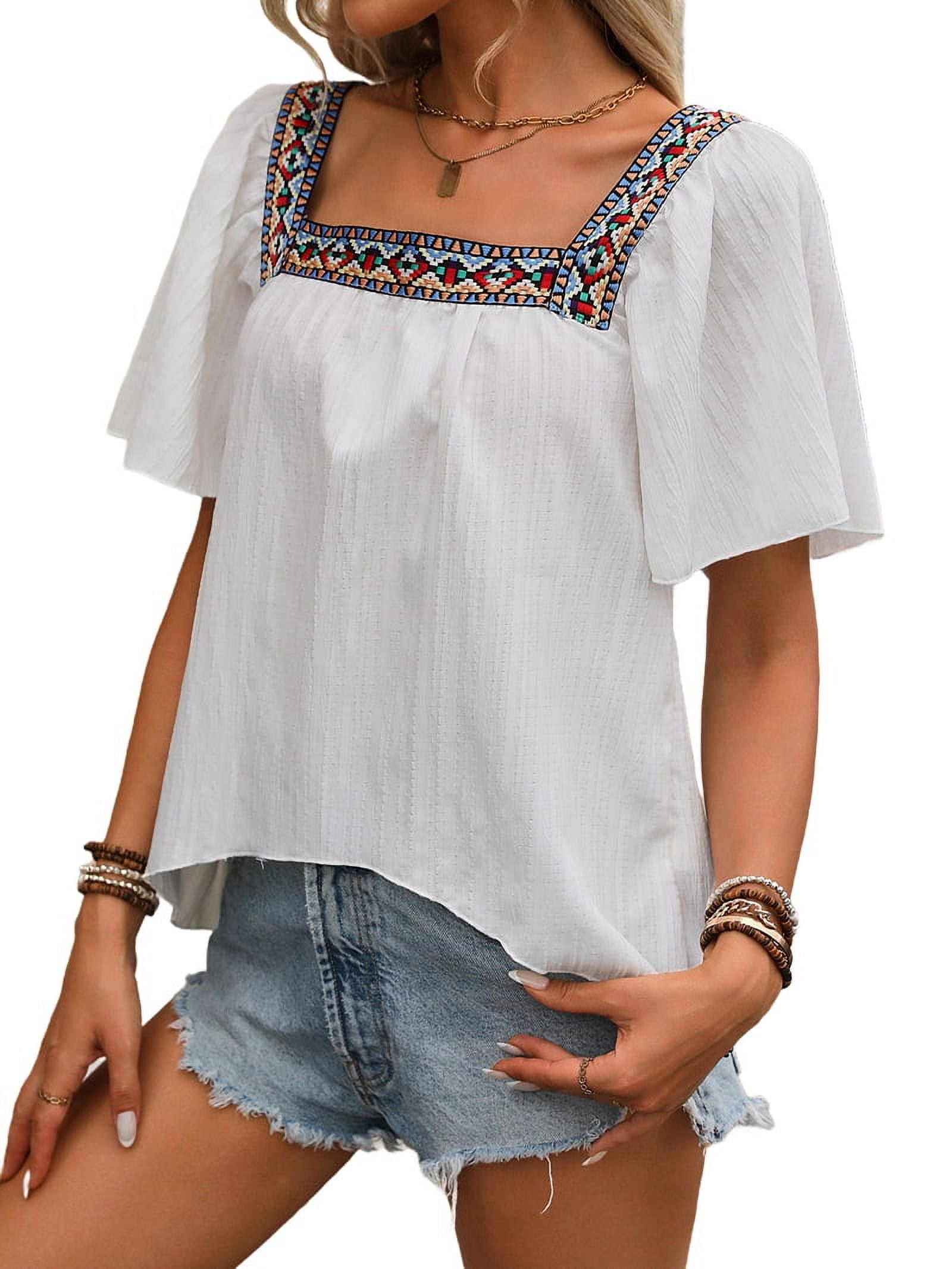 Mexican Shirts for Women Boho Embroidered Short Butterfly Sleeve Square ...