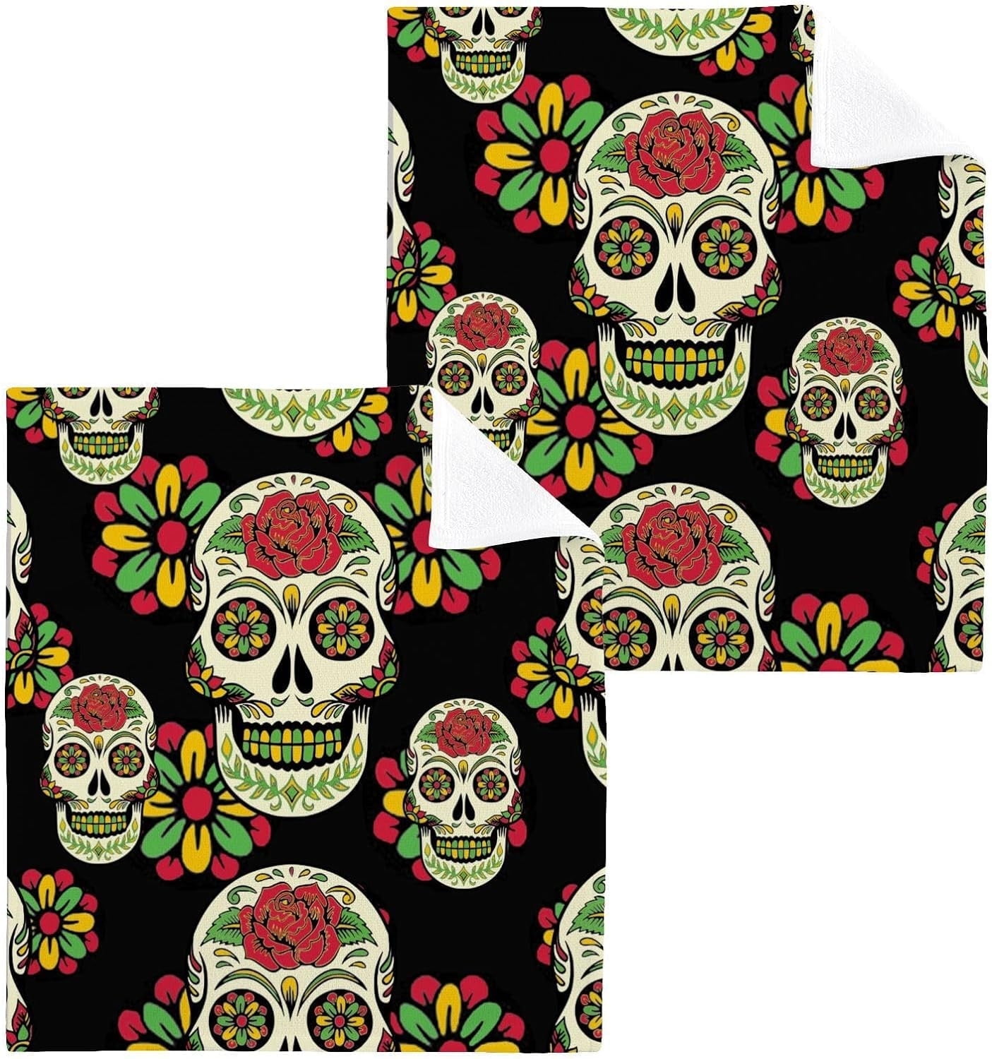 Mexican Skull Flower Washcloth 12x12in Set, 4 Pack Absorbent Cotton ...
