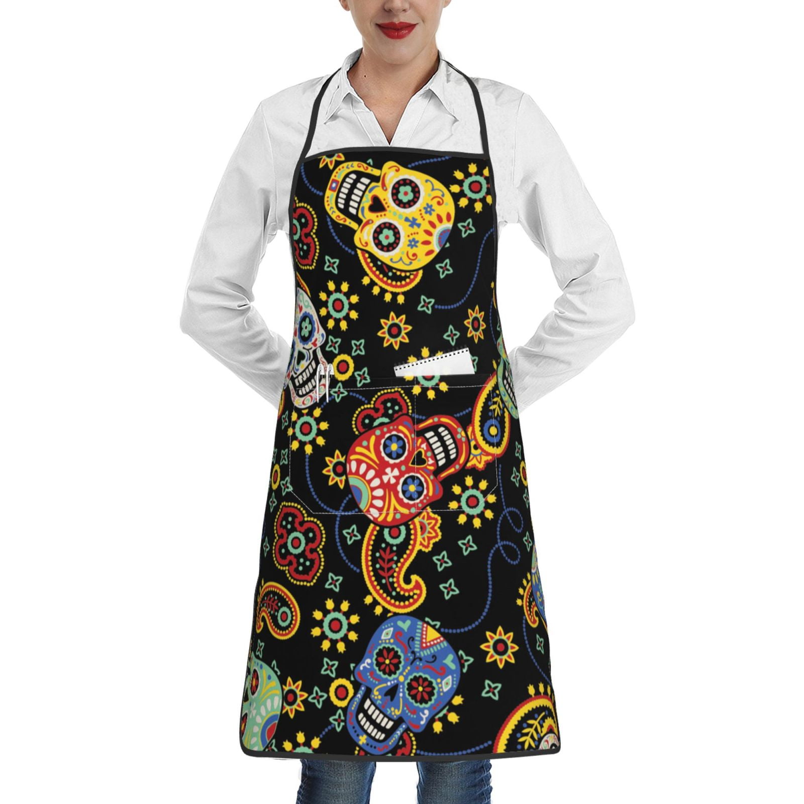 Mexican Skull Paisley Apron with Pocket Cooking Waterproof Bib Aprons ...