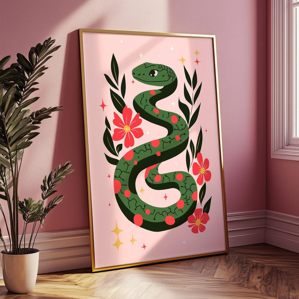 Mexican Snake Poster, Latin Folk Art Snake Wall Print, Colorful Floral ...
