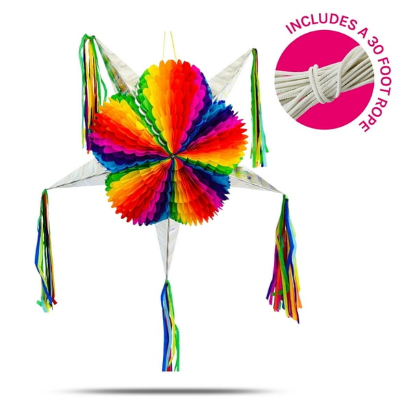 Jumbo Rainbow Piñata, Handmade Mexican Star Pinata with Silver Cones ...