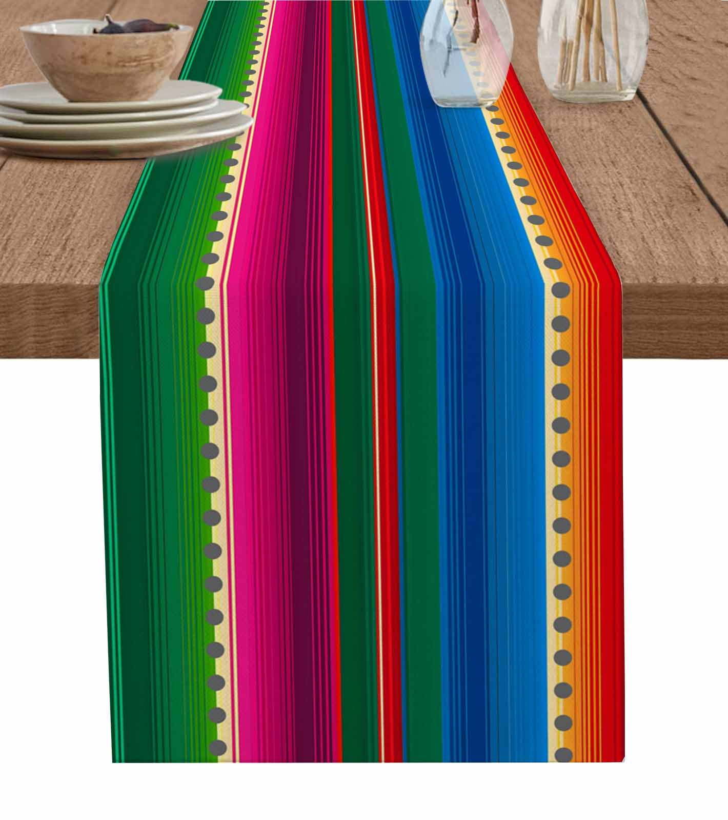 Mexican Stripes Burlap Cotton Table Runner 13x48 Inches Long, Blue Boho ...