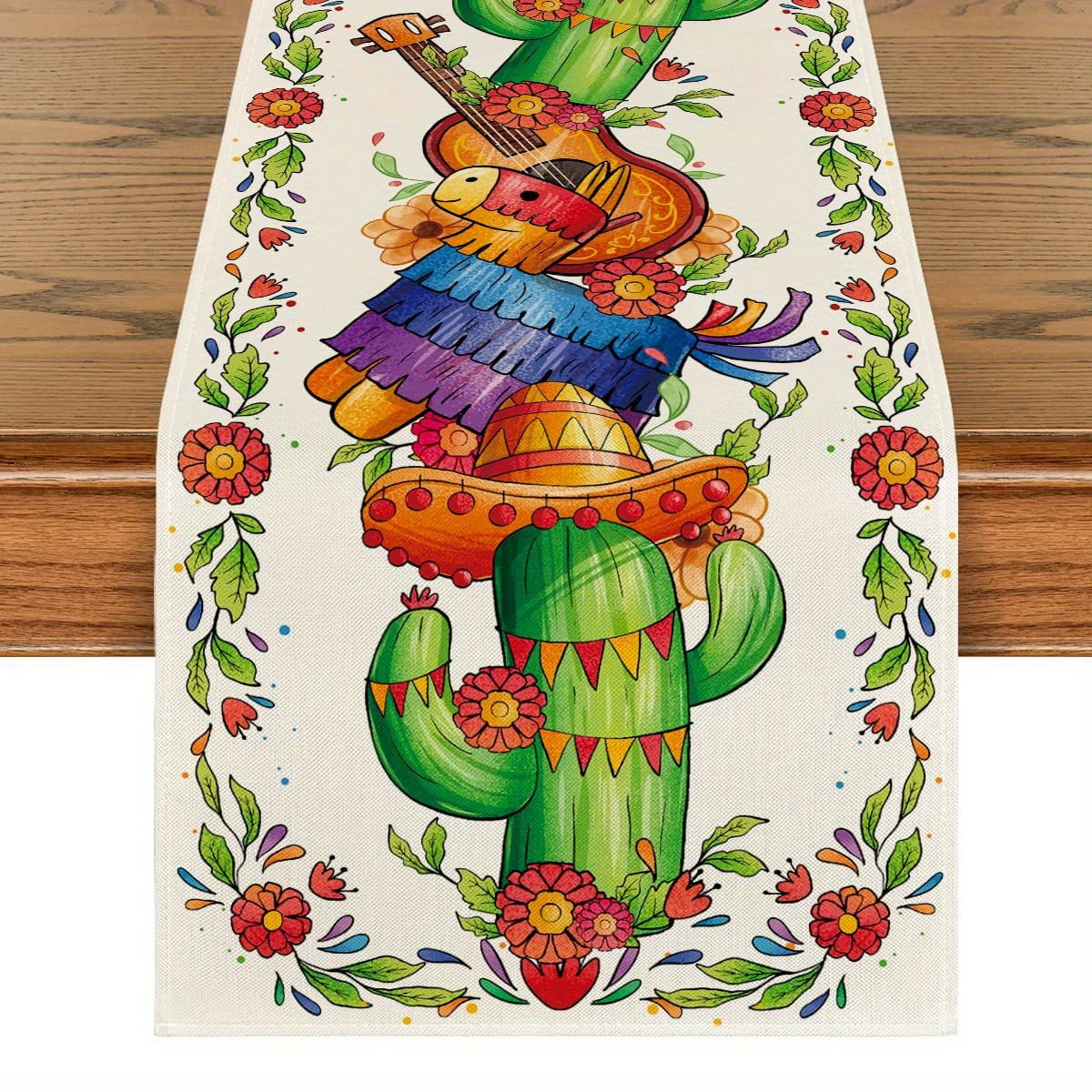 Mexican Style Cactus Guitar Sombrero Donkey Pinata Linen Table Runners ...