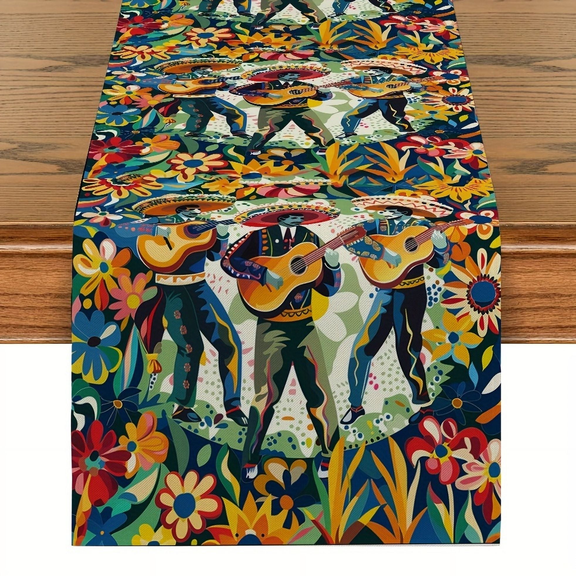 Mexican Style Colorful Printed Linen Table Runner Floral Guitar Straw ...