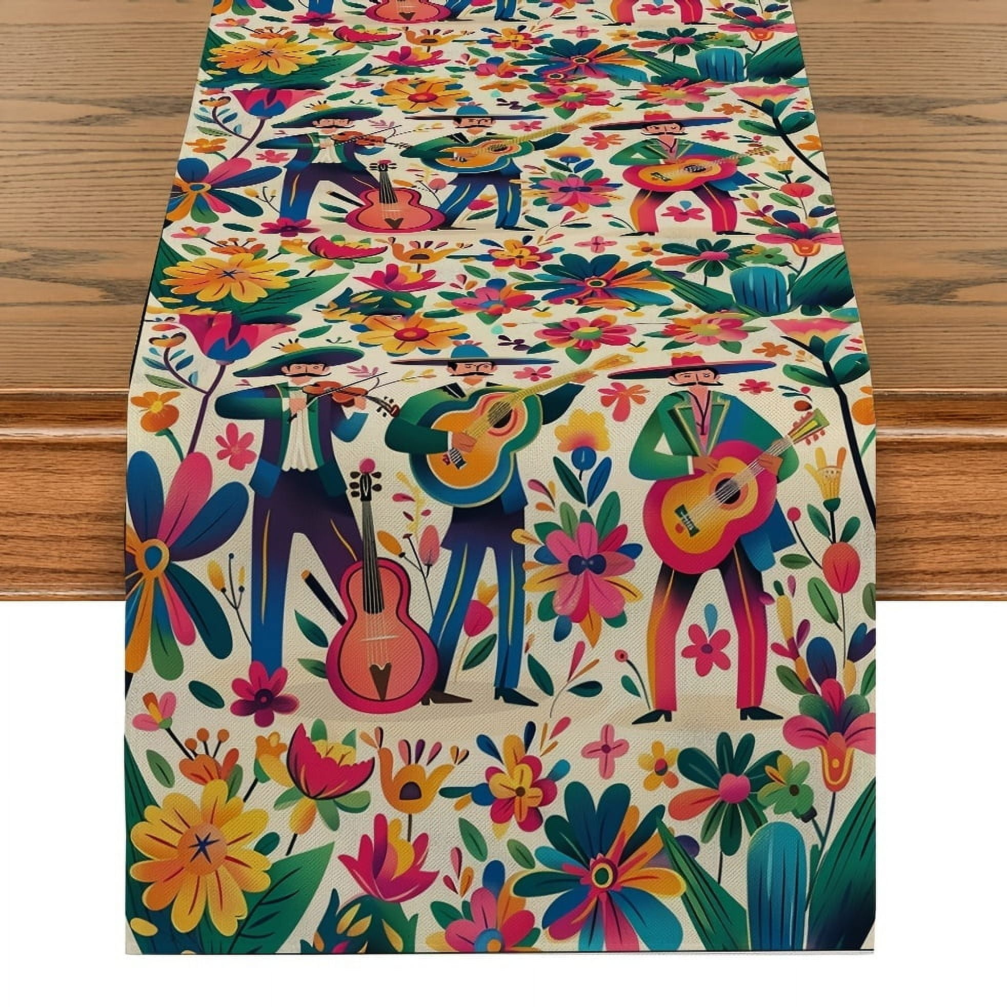 Mexican Style Colorful Printed Linen Table Runner Floral Guitar Straw ...