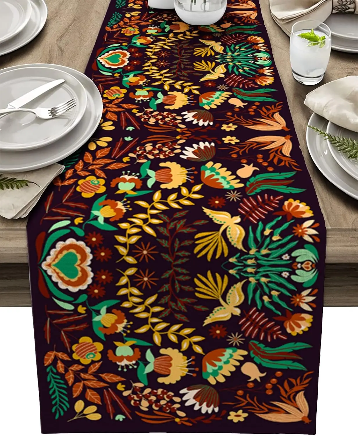 Mexican Style Geometric Abstract Bird Sunflower Linen Table Runners ...