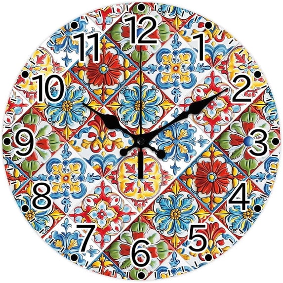 Mexican Style Tiles Wall Clock 12 Inch Geometric Shapes Clock Battery ...