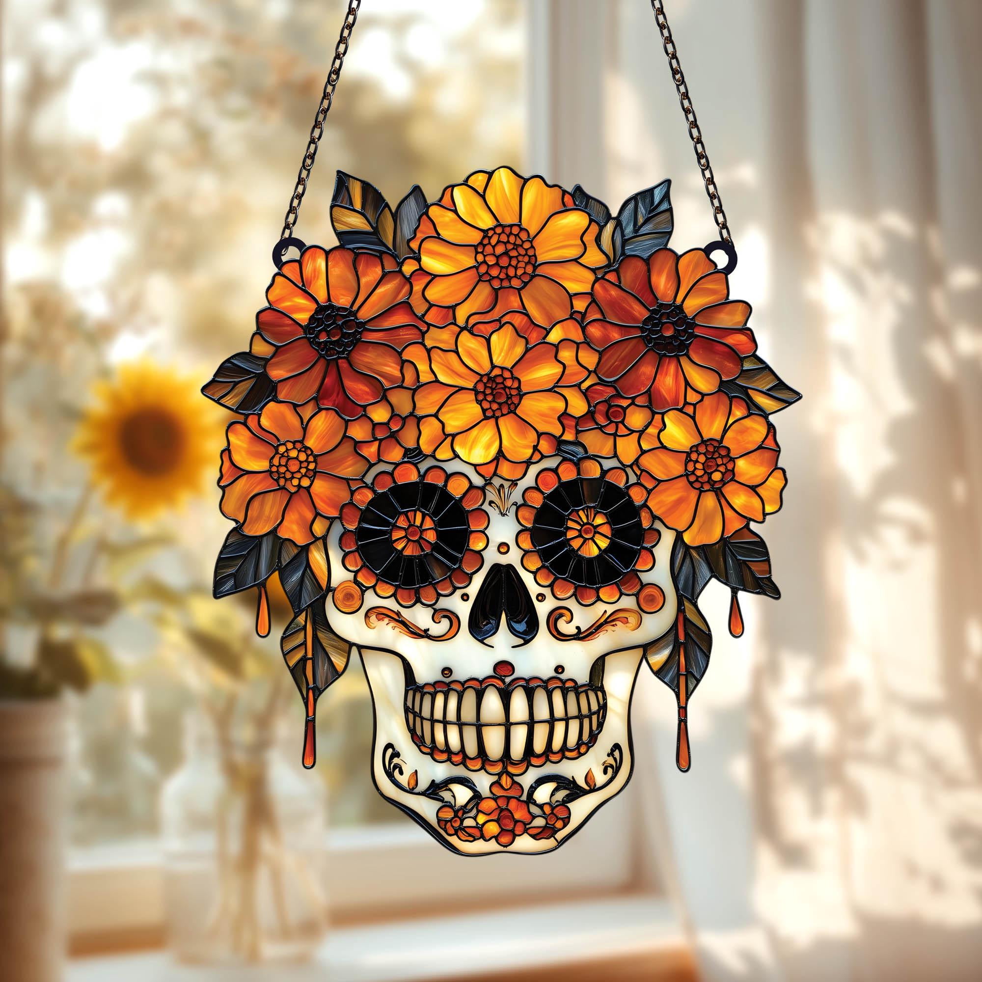 Mexican Sugar Skull Marigold Bloom Acrylic Window Hanging Faux Stained ...