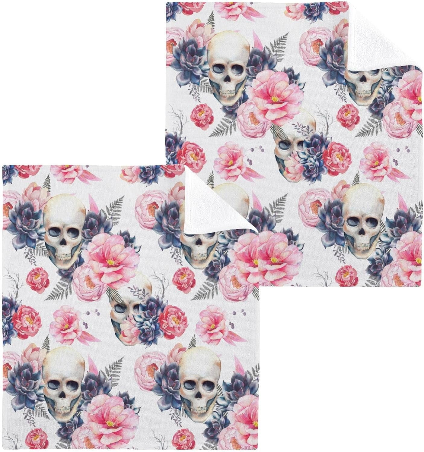 Mexican Sugar Skull Rose Washcloth 12x12in Set, 2 Pack Absorbent Cotton ...