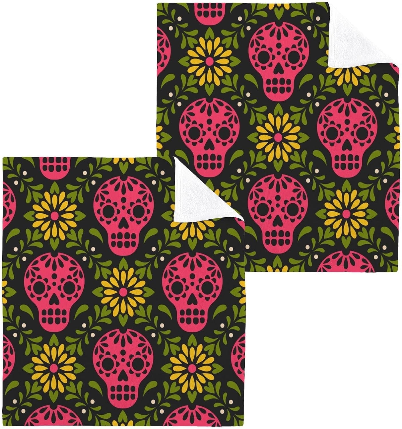 Mexican Sugar Skulls Washcloth 12x12in Set, 2 Pack Absorbent Cotton ...