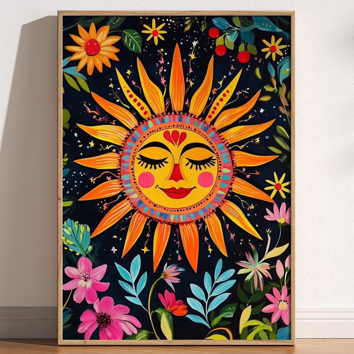 Mexican Sun Folk Art Print, Colourful Traditional Folk Mexican Sunshine ...