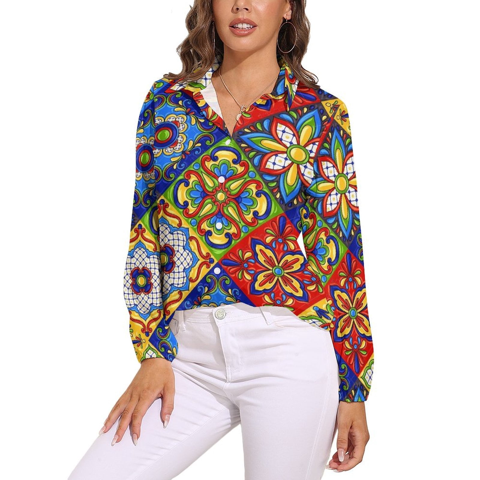 Mexican Talavera Ceramic Tile Pattern Long Sleeve Blouse Woman ...
