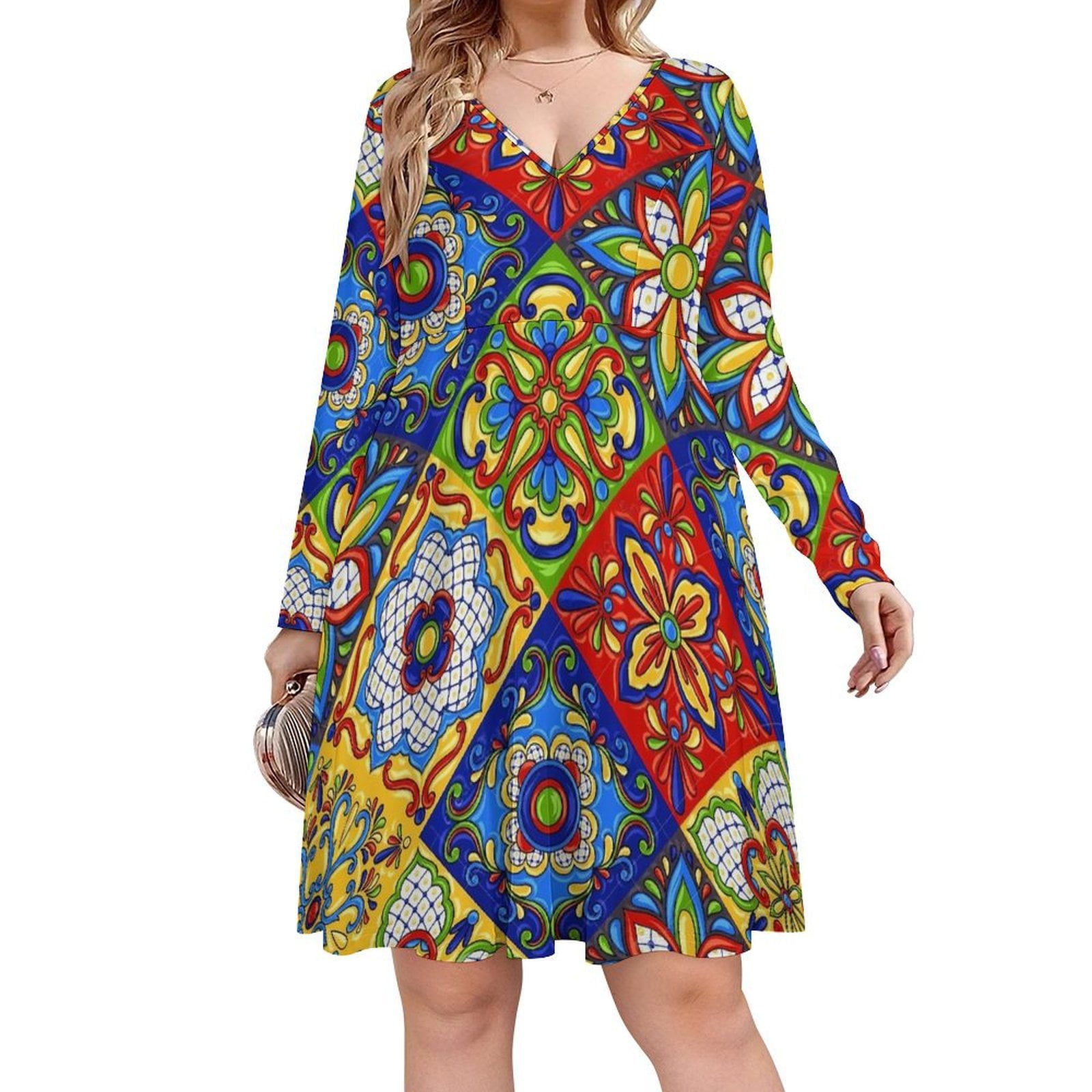 Mexican Talavera Ceramic Tile Pattern Long Sleeve Sexy Dresses For ...