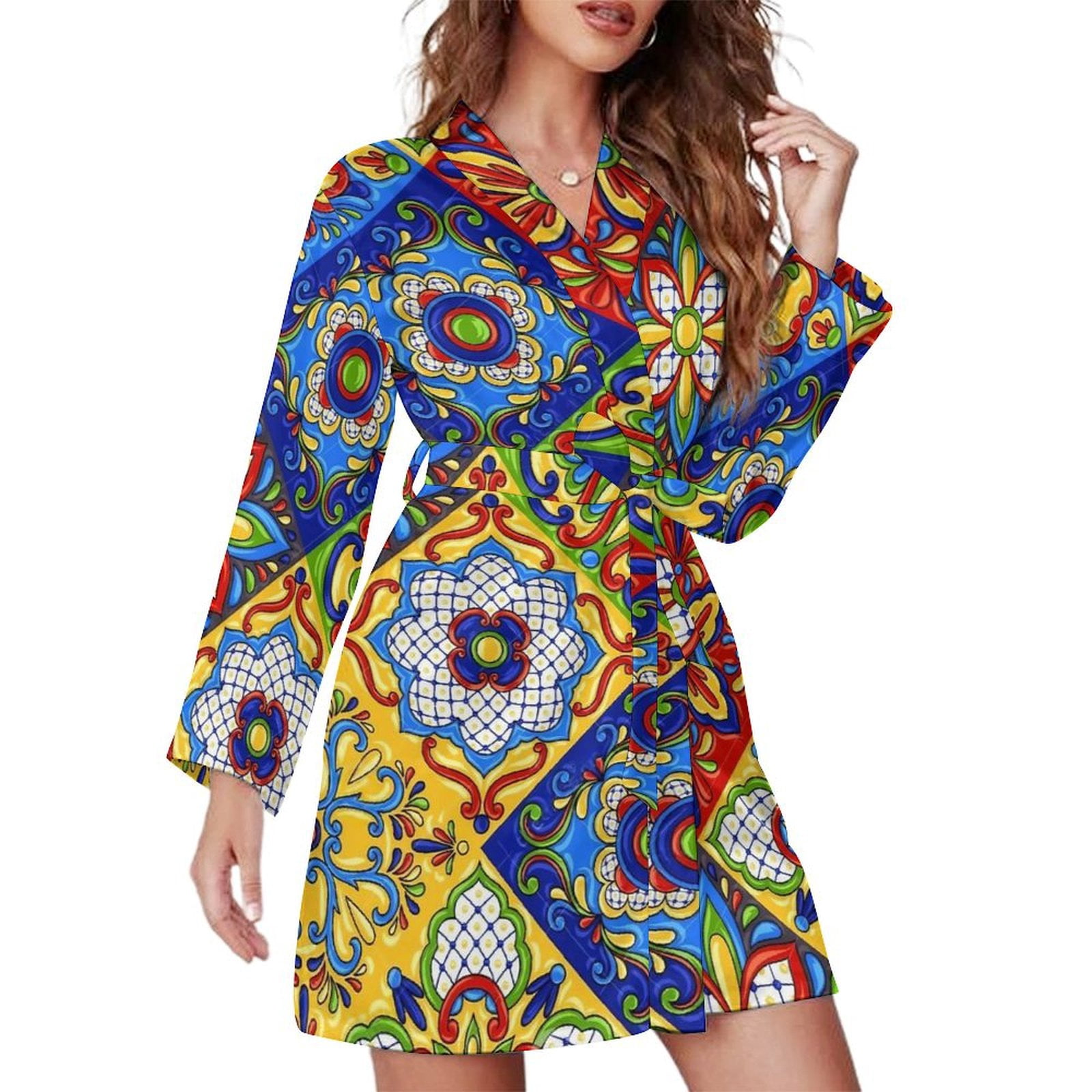 Mexican Talavera Ceramic Tile Pattern Night Robe Long Sleeve V Neck ...