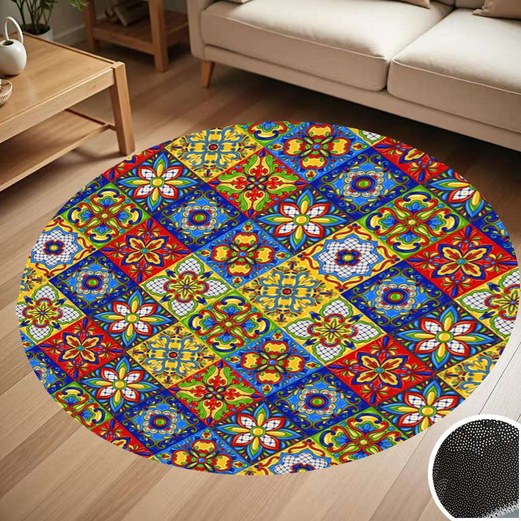 Mexican Talavera Ceramic Tile Pattern Round Carpet Living Room Bedroom ...