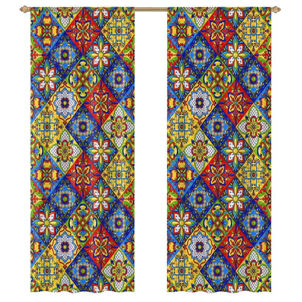 Mexican Talavera Ceramic Tile Pattern Sheer Window Curtains for Living ...