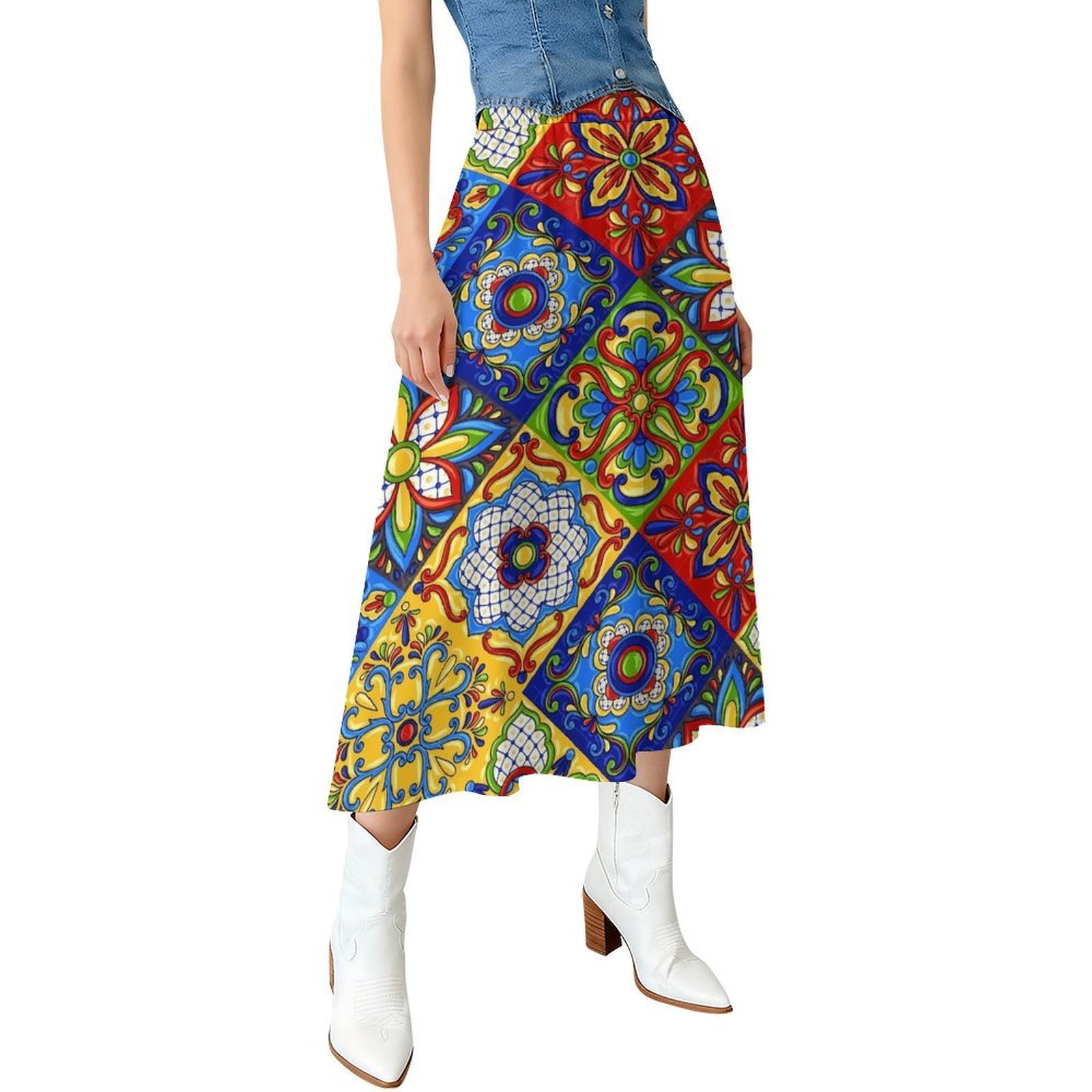 Mexican Talavera Ceramic Tile Pattern Women High Waist Midi Skirt ...