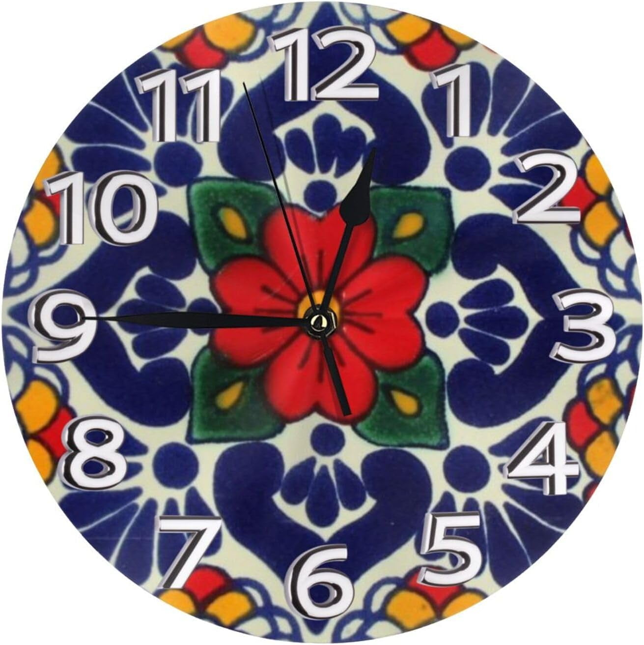 Mexican Talavera Ceramic Tiles Clock Number Round Wall Clock is Silent ...