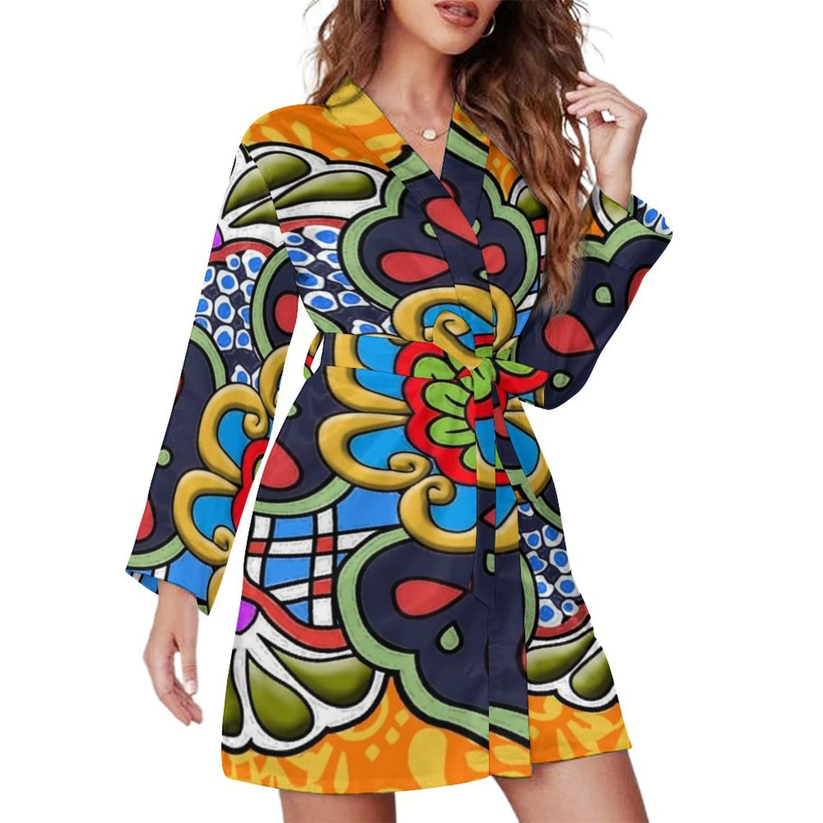 Mexican Talavera Flower Night Robe Long Sleeve V Neck Robe With Belt ...