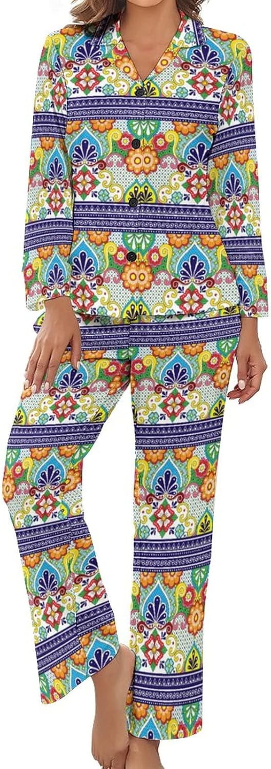 Mexican Talavera Pattern Women's Pajamas Set Button Down Sleepwear PJ ...