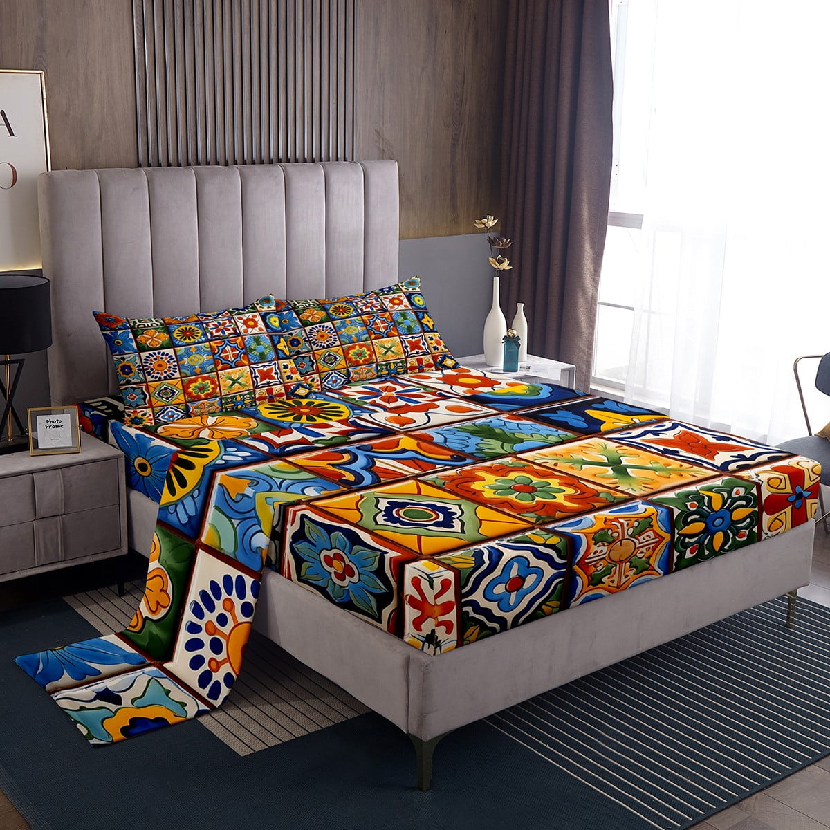 Mexican Talavera Tile Bed Sheets Set Full Size,Exotic Boho Style ...