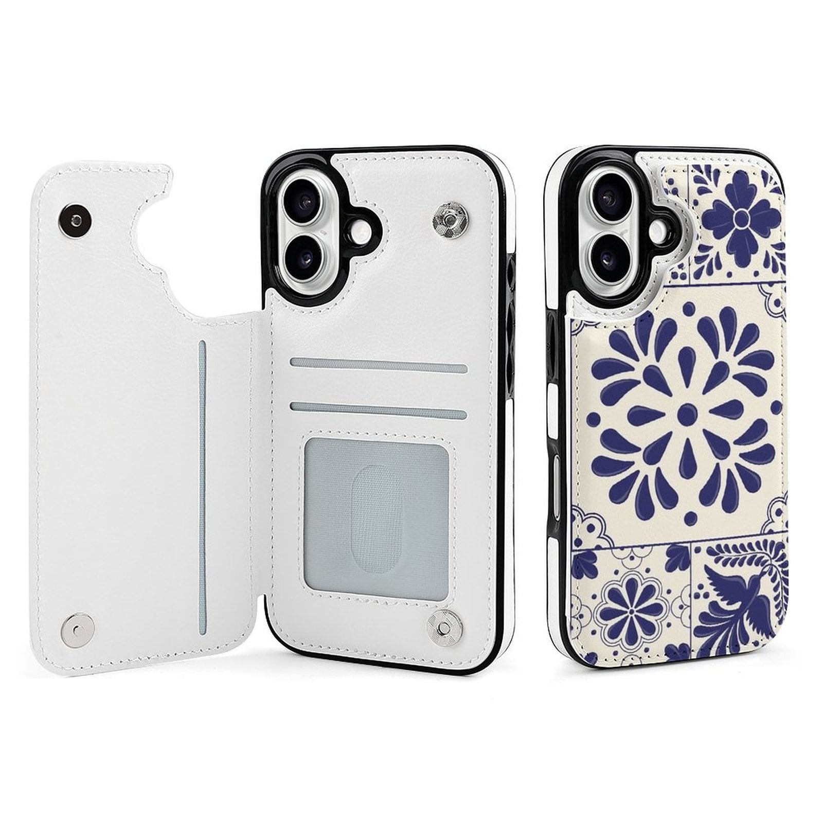 Mexican Talavera Tile Combination Leather Wallet Case for iPhone 16 15 ...