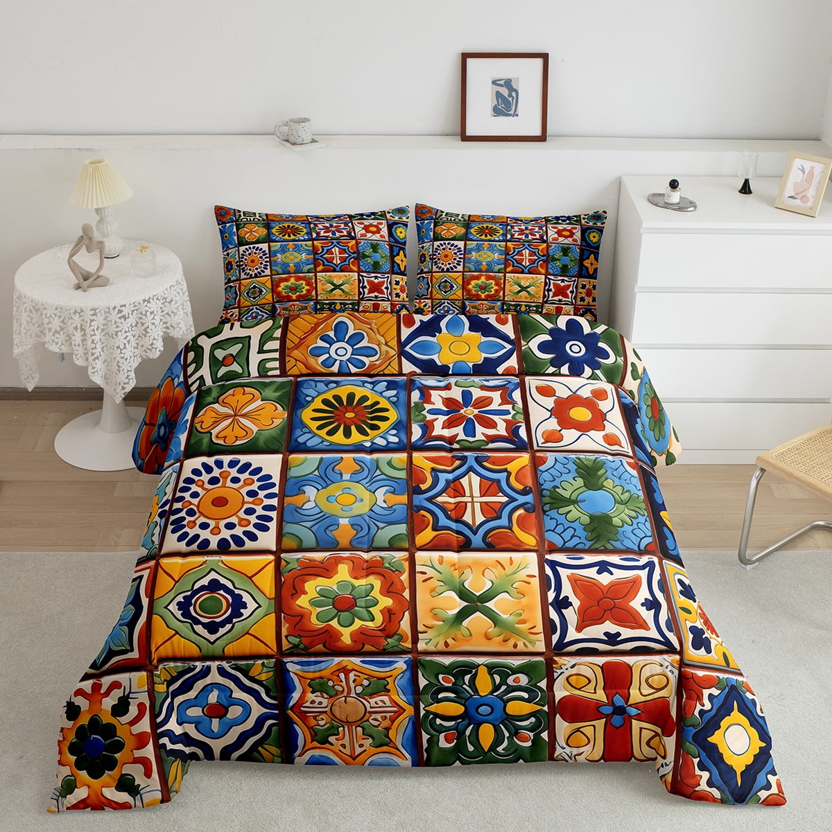 Mexican Talavera Tile Comforter Set Queen Size,Exotic Boho Style ...