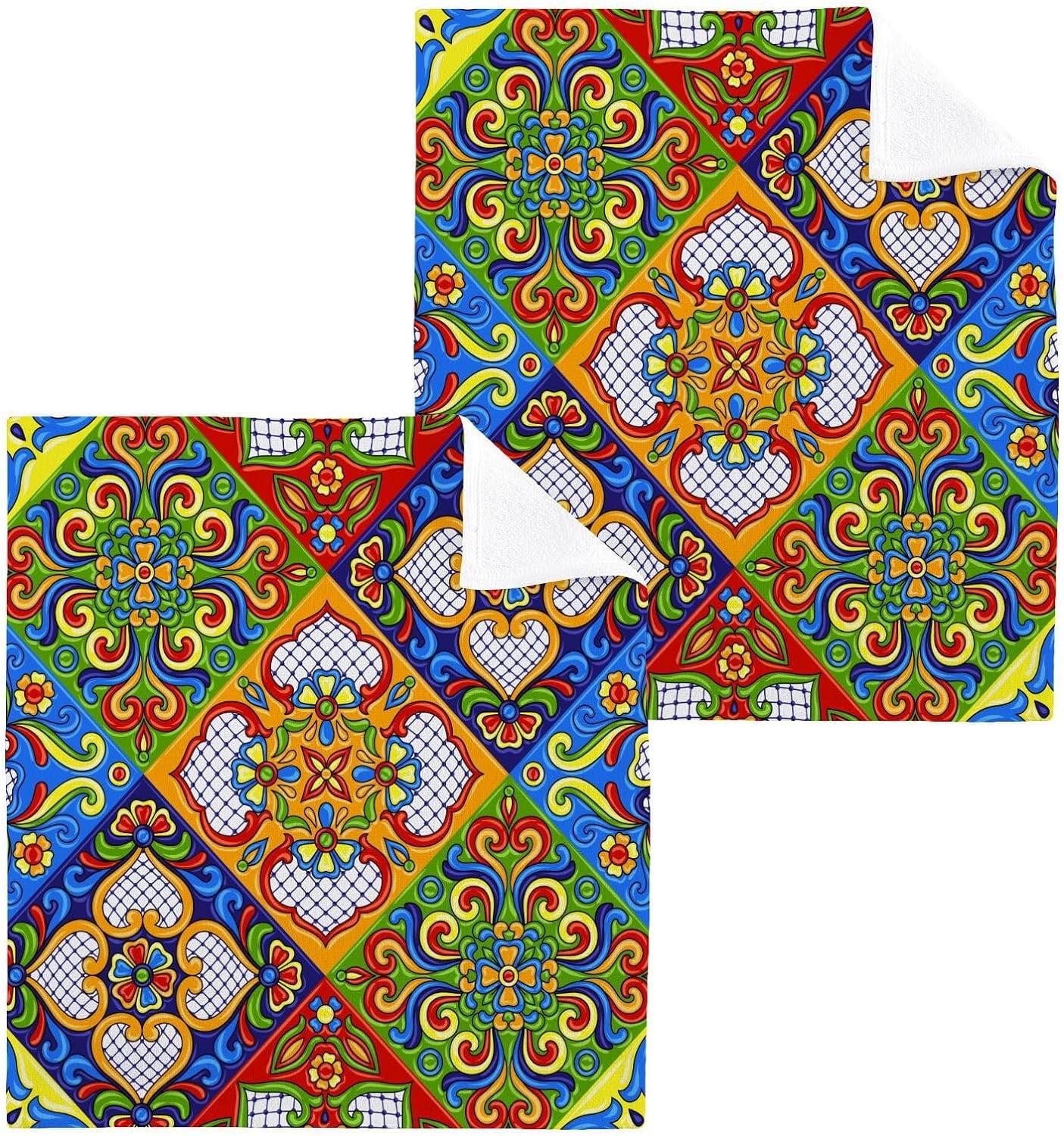 Mexican Talavera Tile Washcloth 12x12in Set, 4 Pack Absorbent Cotton ...