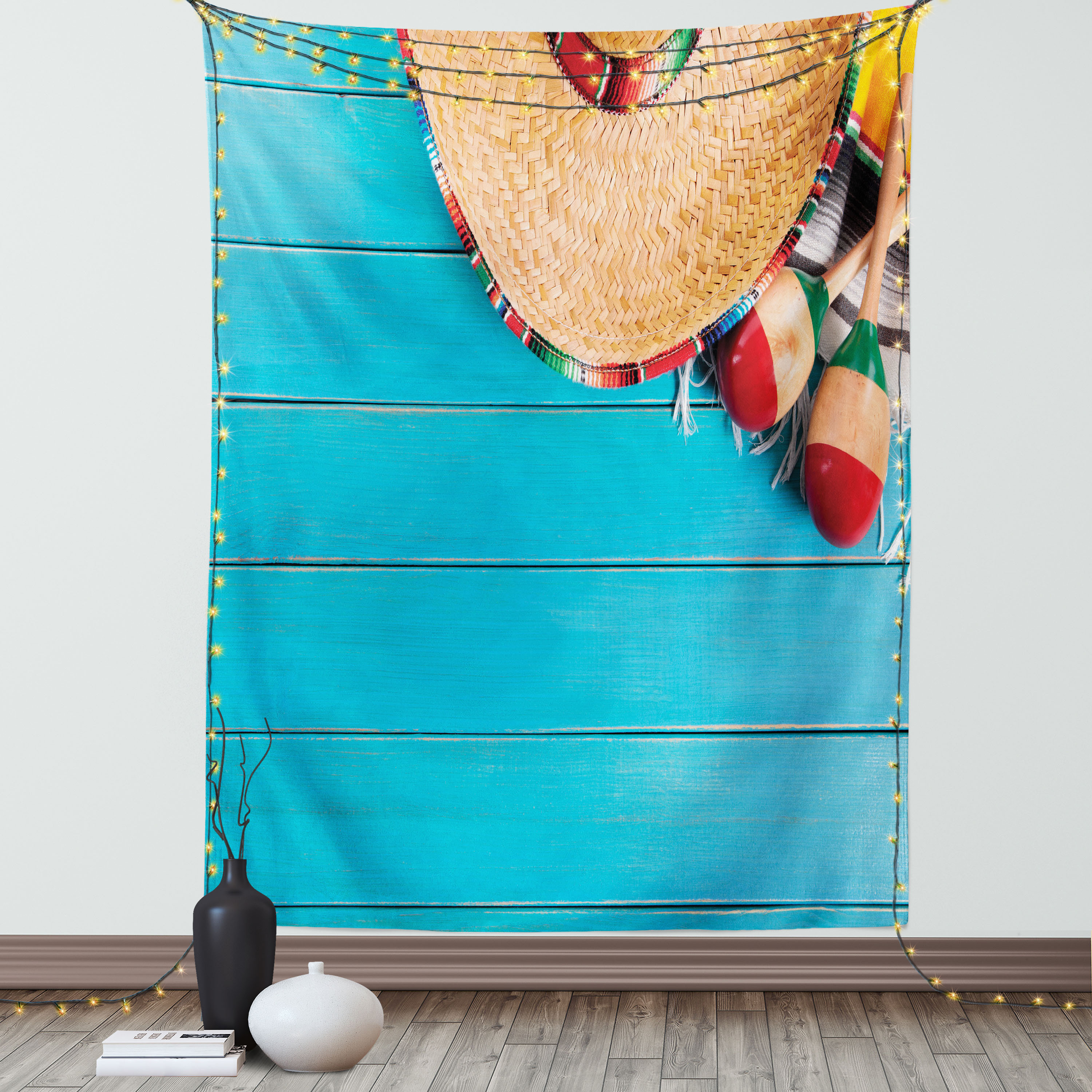 Mexican Tapestry, Native Latin Elements with Sombrero and Maracas on ...