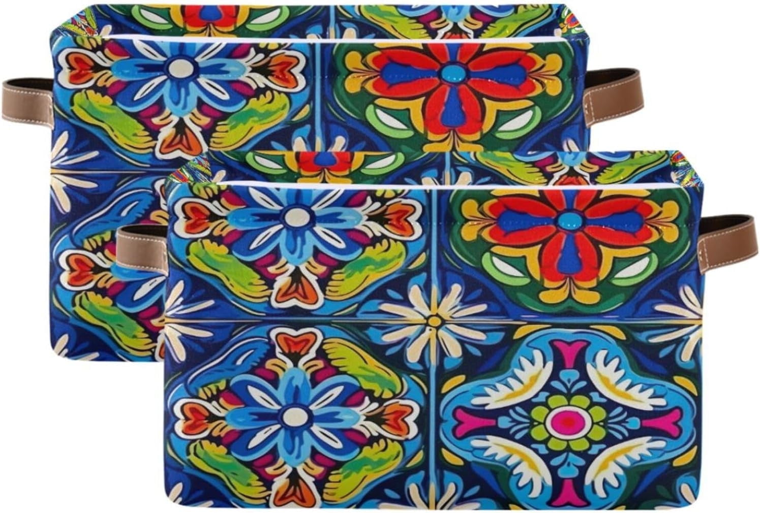 Mexican Tile Foldable Storage Basket for Shelves, Collapsible Sturdy ...