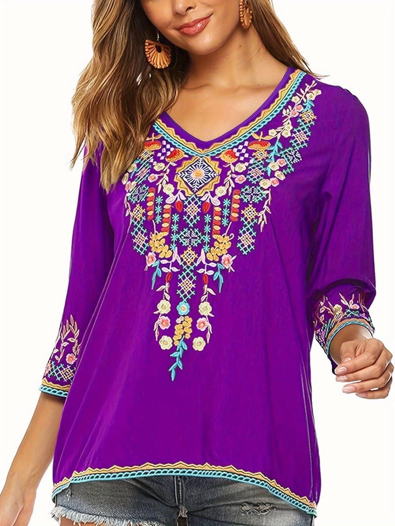 Mexican Tops for Women Embroidered Shirts Hippie Clothes Tunic Fiesta ...