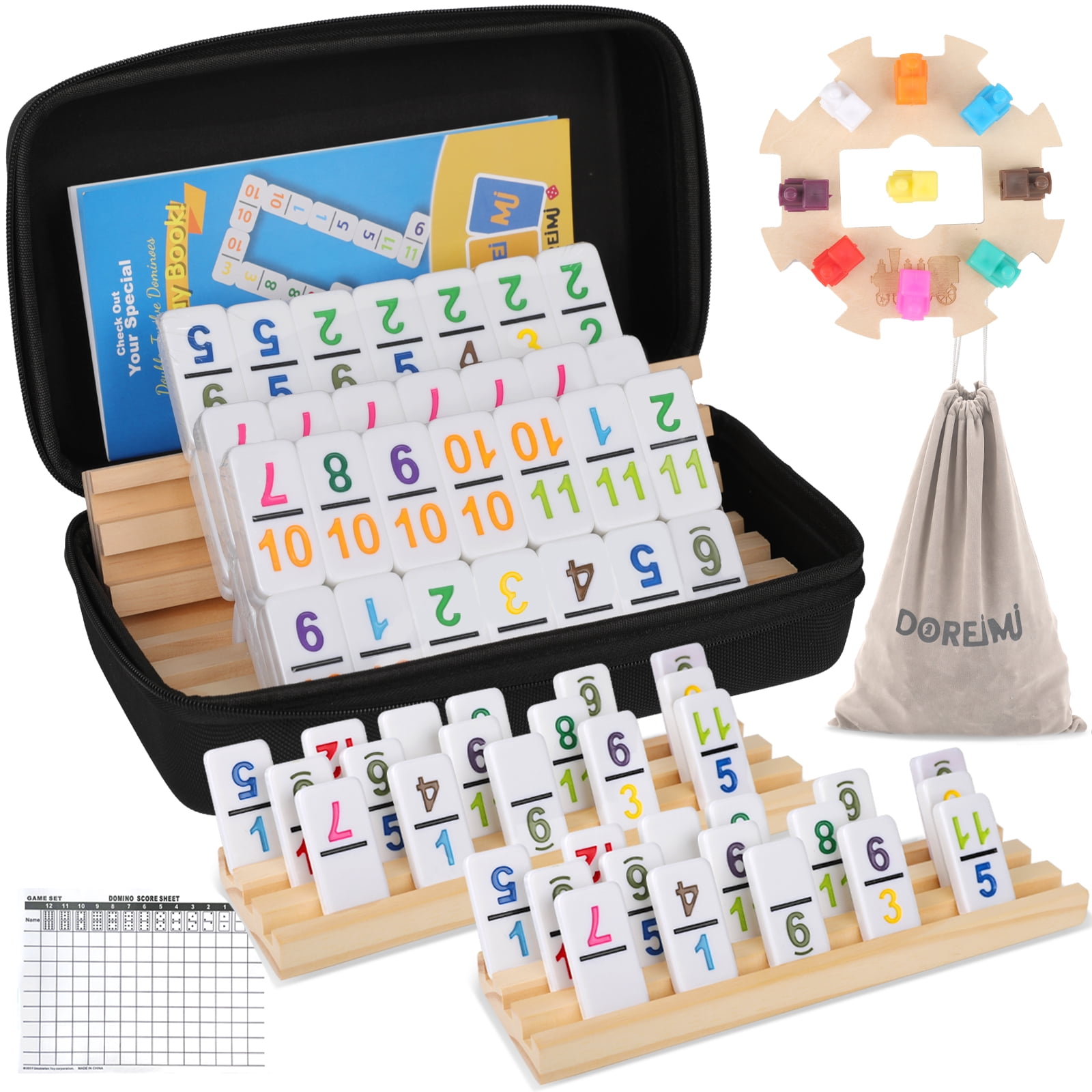 Mexican Train Dominoes Set with Numbers and 4 Wooden Racks,Double 12 ...