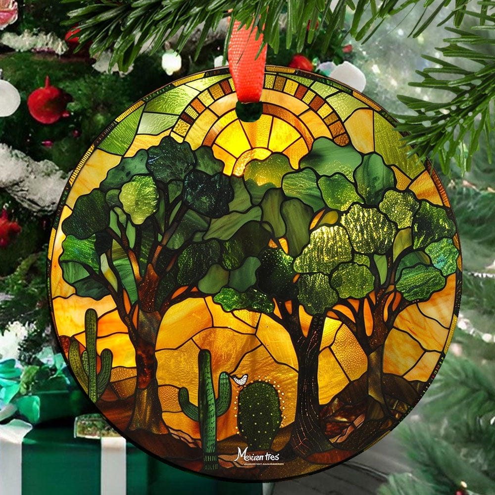 Mexican Trees Ornament Window Hanging Suncatcher Glass Panel with Metal ...