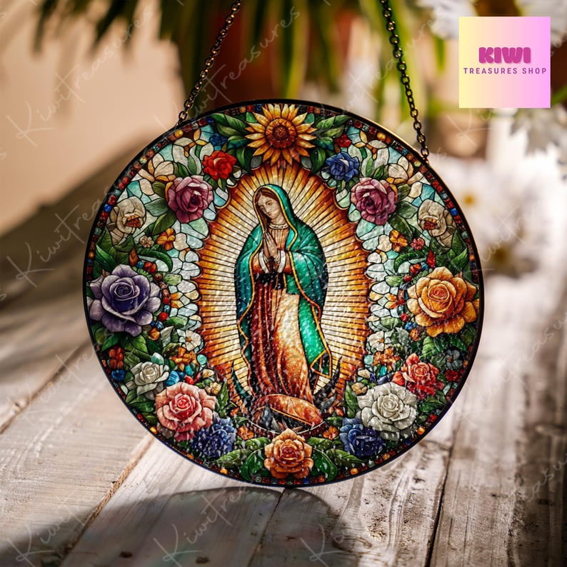 Mexican Virgen de Guadalupe Religious GLASS Suncatcher Hanging, Jesus ...