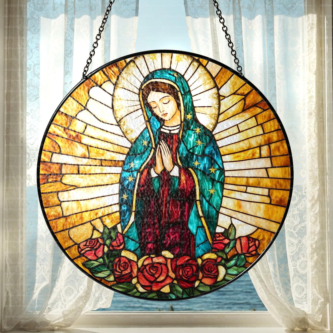 Mexican Virgen de Guadalupe Religious Glass Suncatcher Hanging, Jesus ...