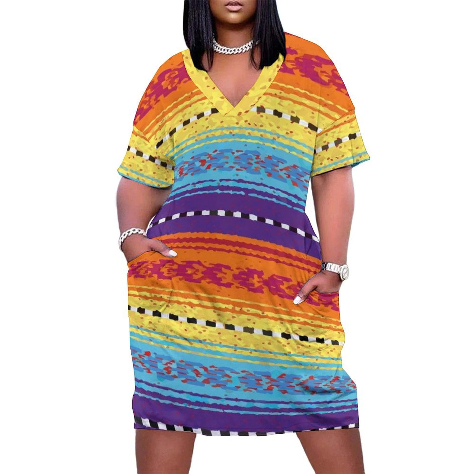 Mexican rebozo colorful stripes poncho serape Loose Pocket Dress dress ...