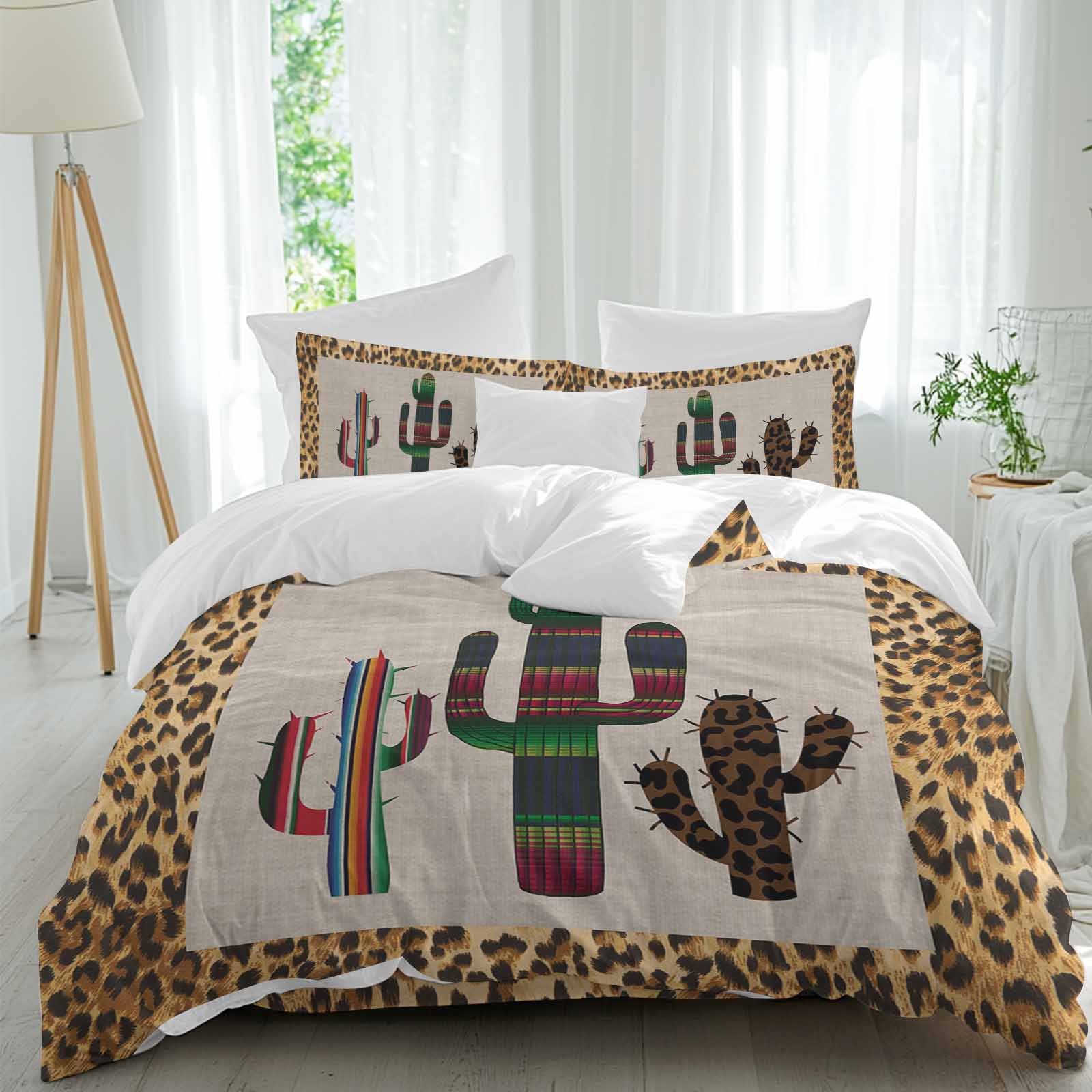Mexico Cactus Duvet Cover Set Queen Size Leopard Print Background Soft ...