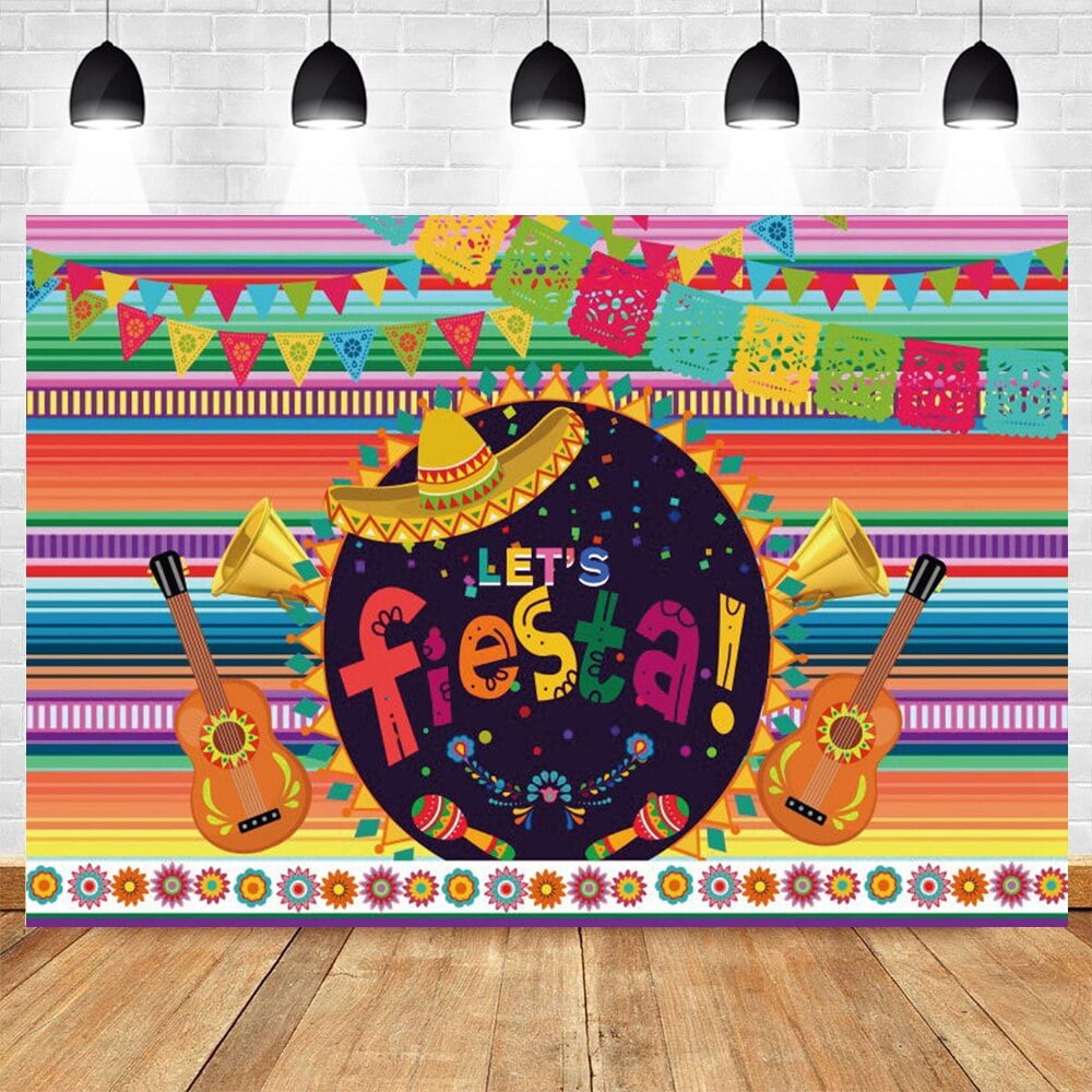 Mexico Fiesta Straw Hat Guitar Flower Colorful Backdrop Cinco de Mayo ...