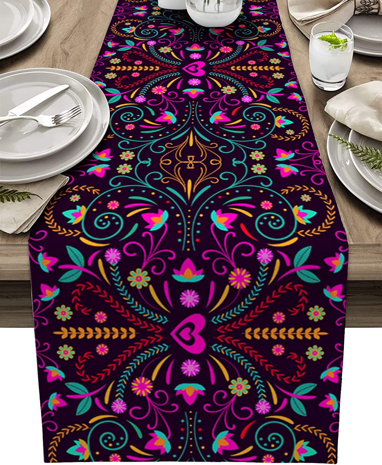 Mexico Flower Floral Leaves Bird Linen Table Runners Kitchen Table ...