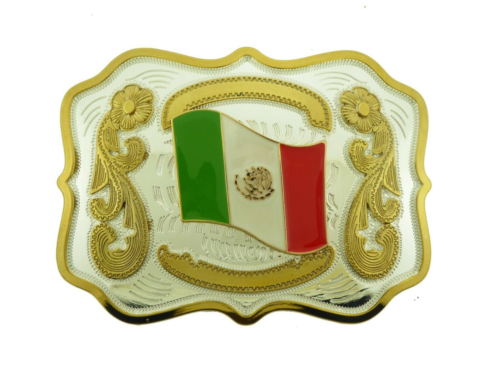 Mexico Mexican Flag Belt Buckle Big Country gold Silver Metal Western ...