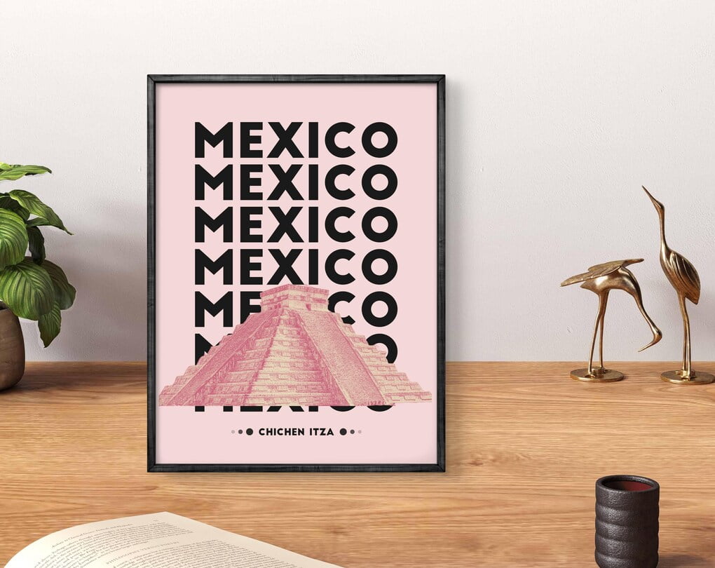 Mexico Poster, Chichen Itza Wall Art, Mayan Pyramid Print, Pink Travel ...