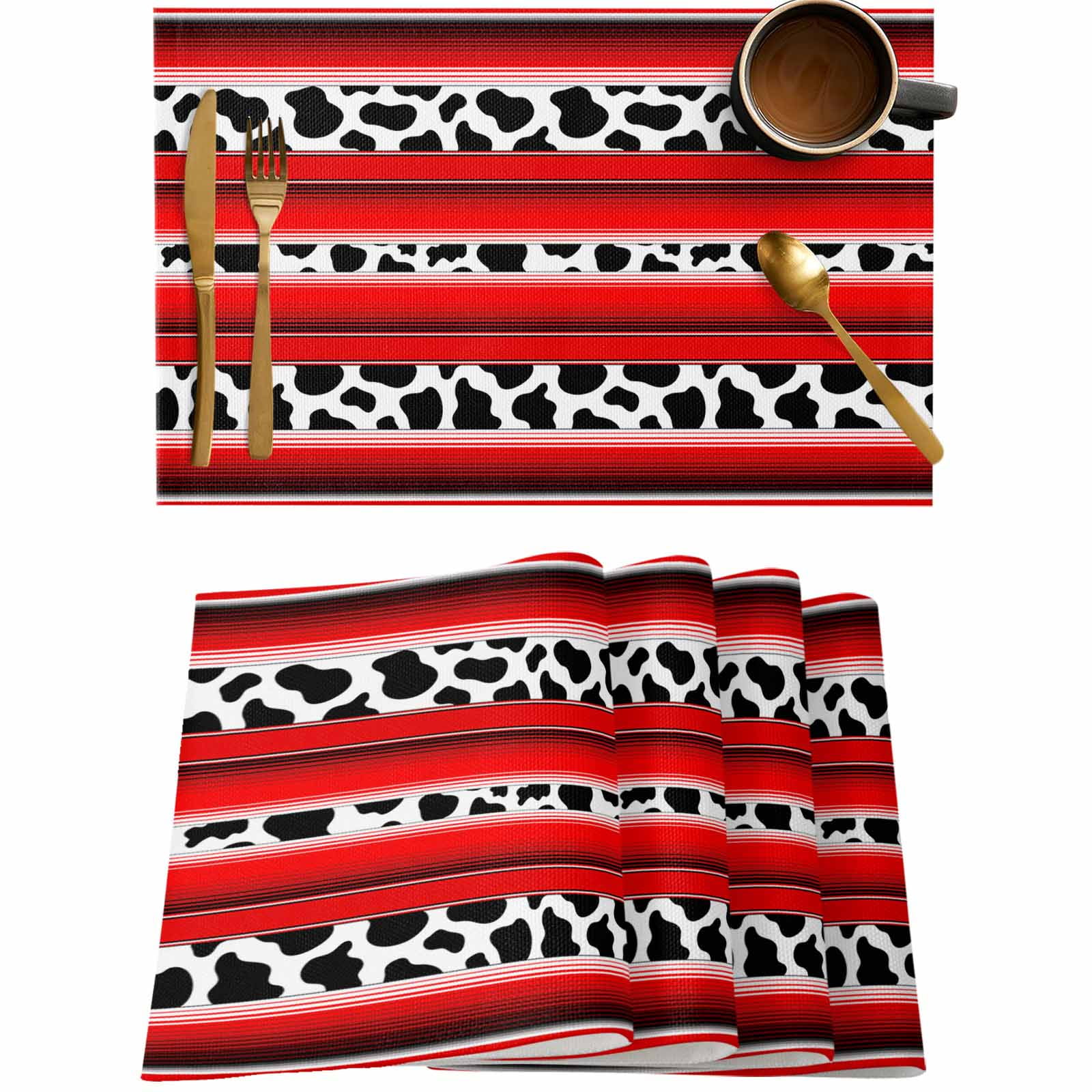 Mexico Red Stripe Cow Pattern Placemats Set of 4,Wipeable Washable ...