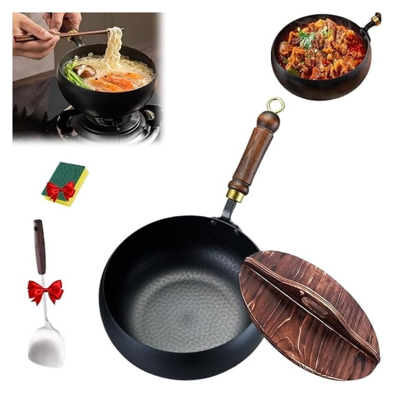 Mexicoify Japanese Iron Pan, 9.45 Inch Uncoated Iron Pan with Lid, Hand ...